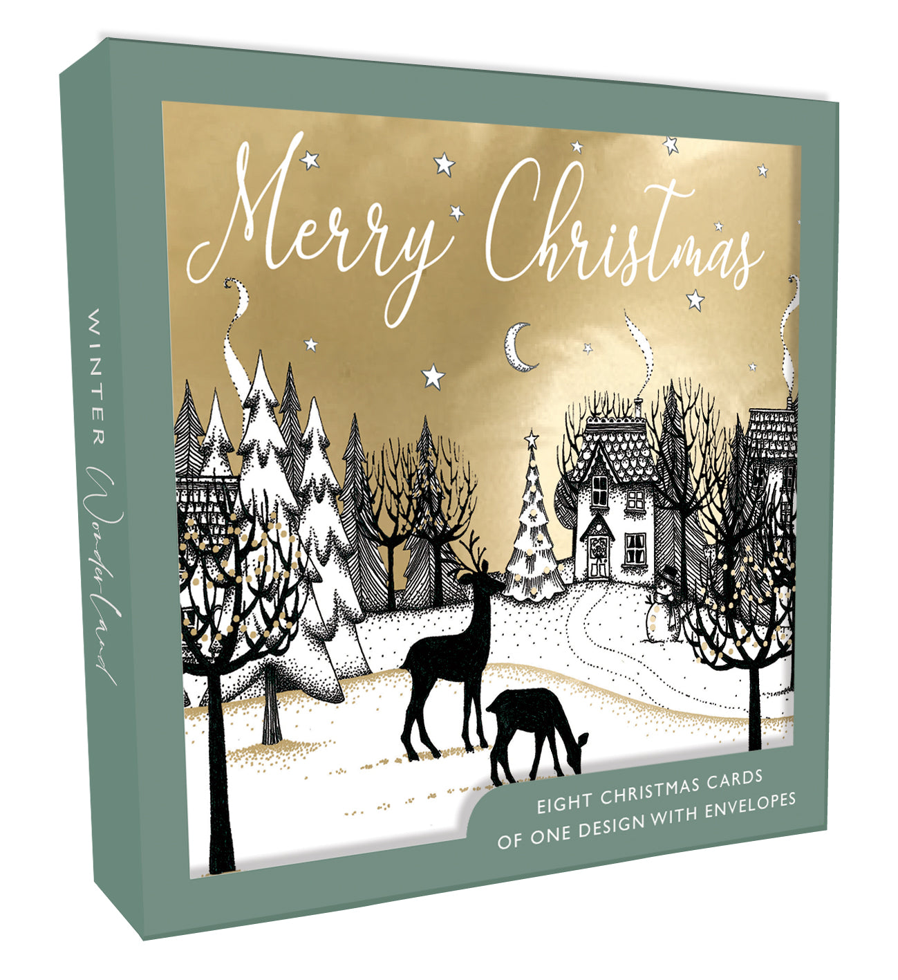 Box Of 8 Merry Christmas Golden Reindeer Magic Christmas Cards Xmas Ca ...