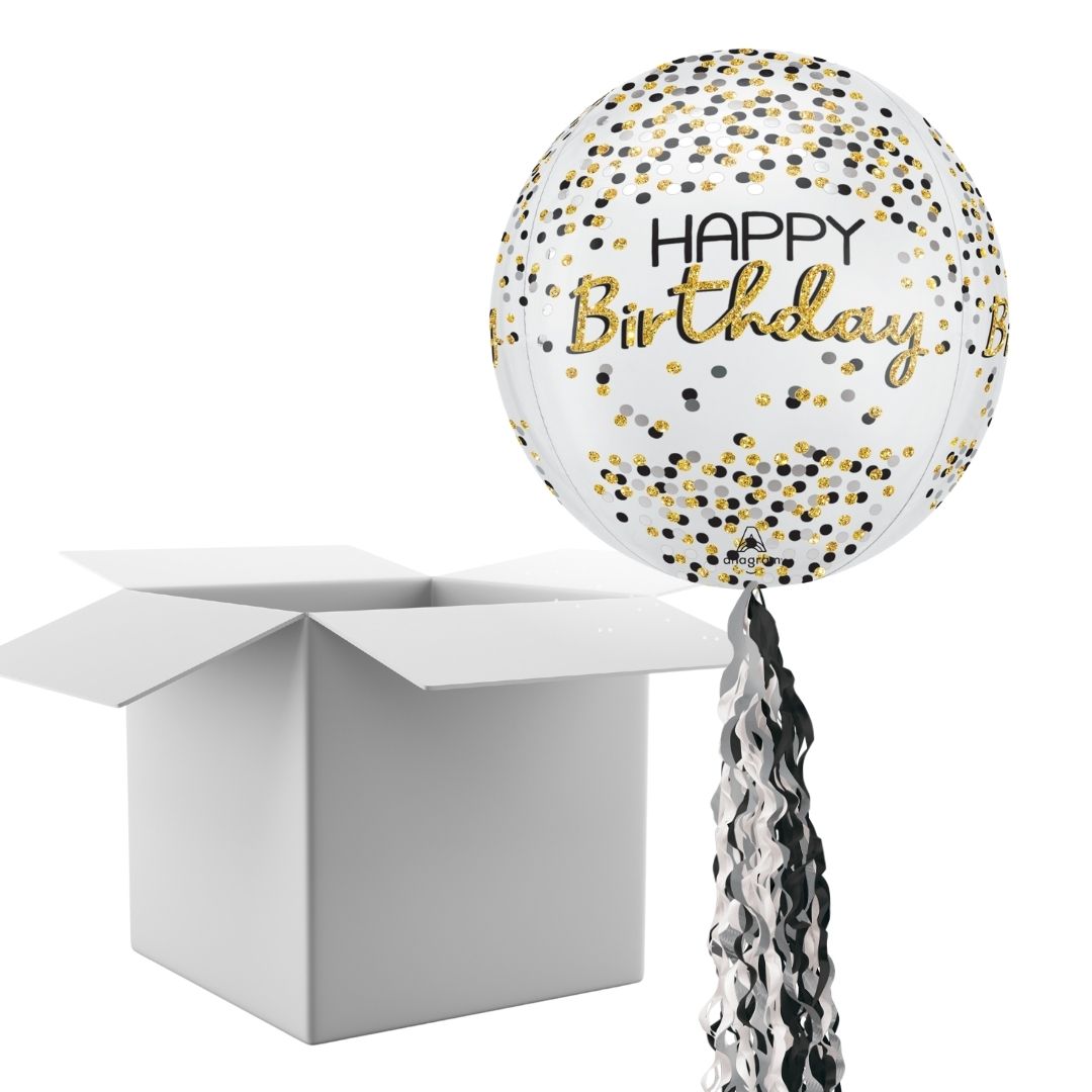 Floating Shimmering Happy Birthday Balloon In A Box With Tail Surprise ...