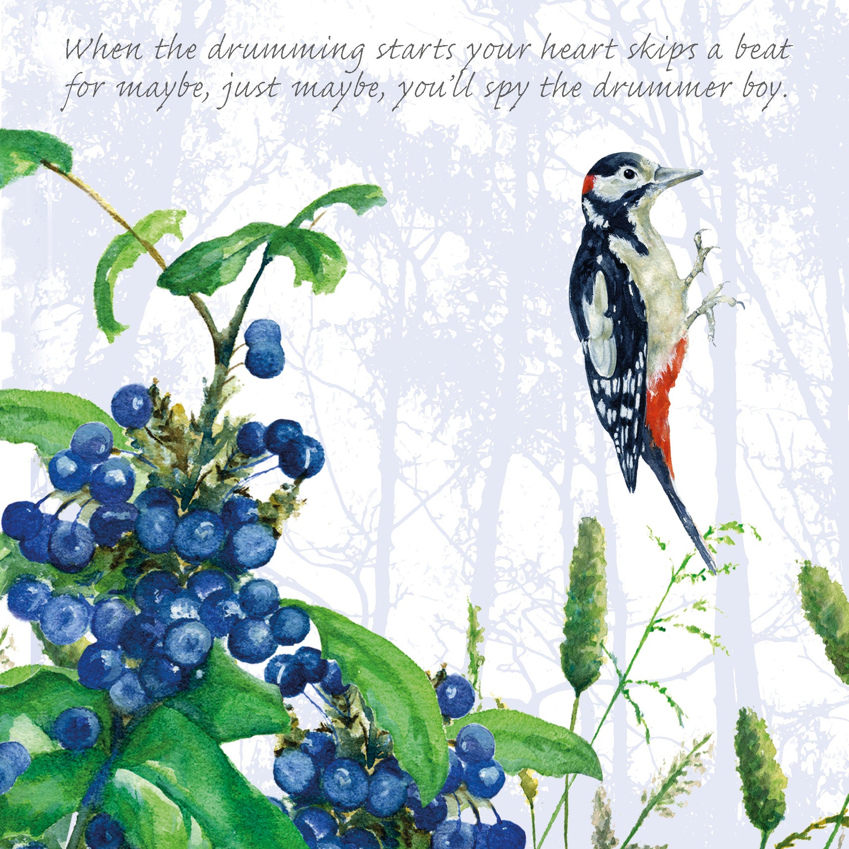 Tuppence A Bag Great Spotted Woodpecker Bird Drumming Bird Art Greetin ...